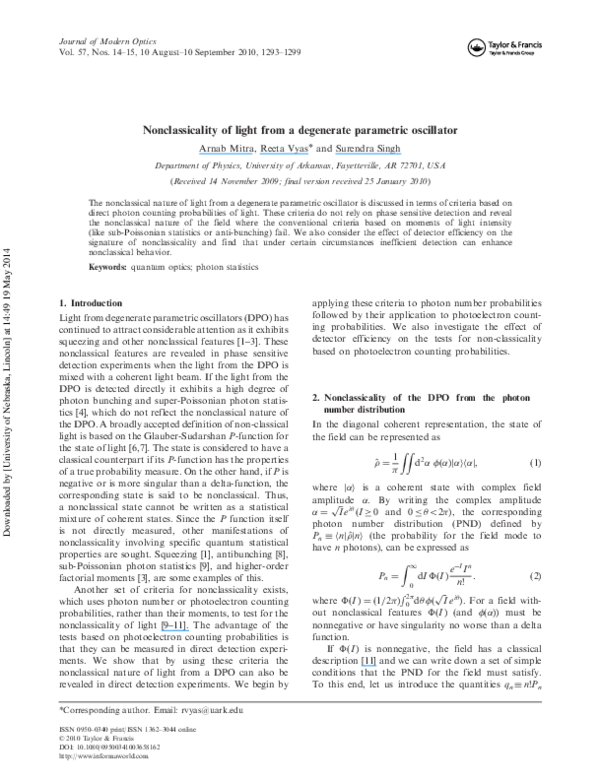 (PDF) Nonclassicality of light from a degenerate parametric oscillator