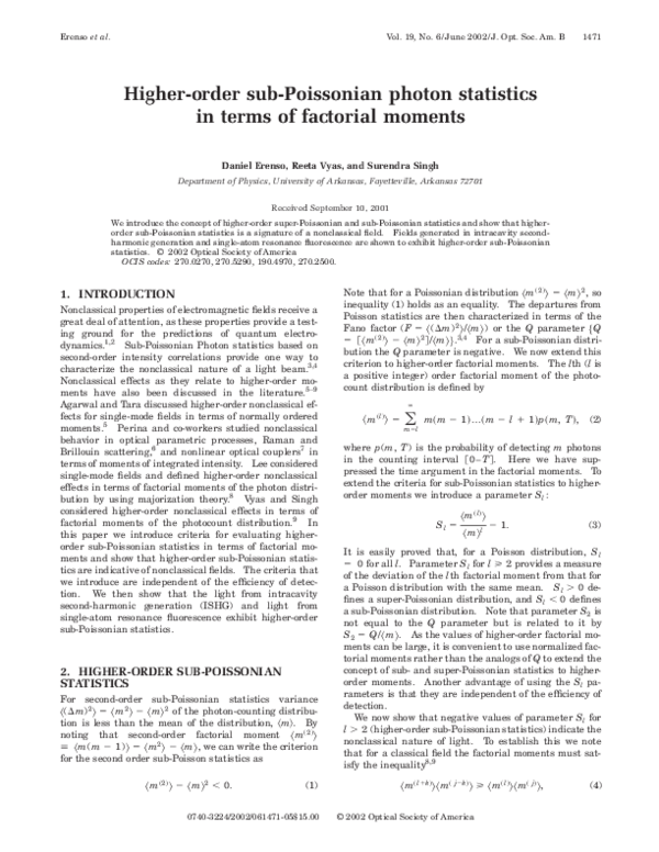 (PDF) Higher-order sub-Poissonian photon statistics in terms of factorial moments | Surendra ...