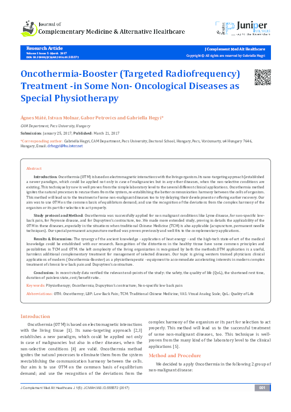 (PDF) J Complement Med Alt Healthcare Oncothermia-Booster (Targeted ...