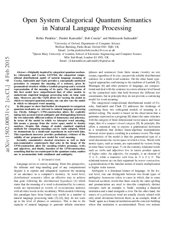 (PDF) Open System Categorical Quantum Semantics in Natural Language Processing