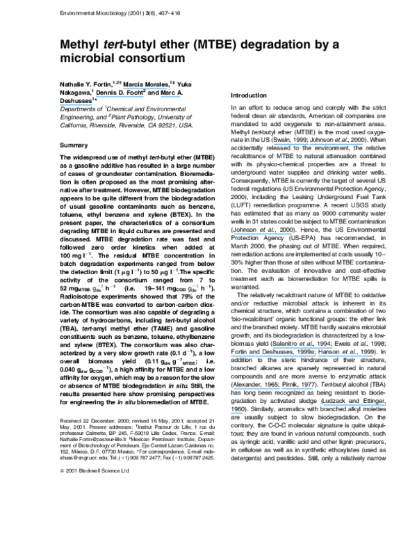 (PDF) Methyltert-butyl Ether (MTBE) Degradation by a Microbial Consortium