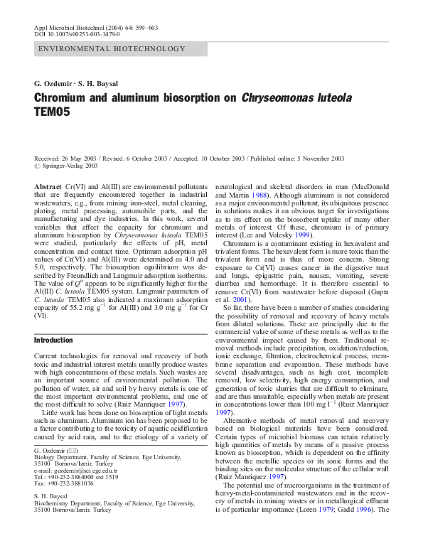 (PDF) Chromium and aluminum biosorption on Chryseomonas luteola TEM05