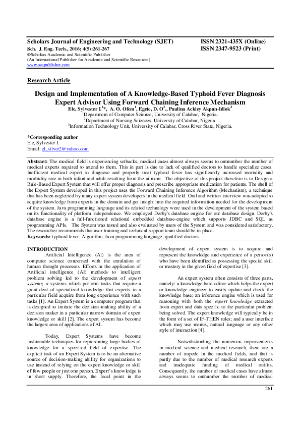 (PDF) Design and Implementation of A Knowledge-Based Typhoid Fever Diagnosis Expert Advisor ...