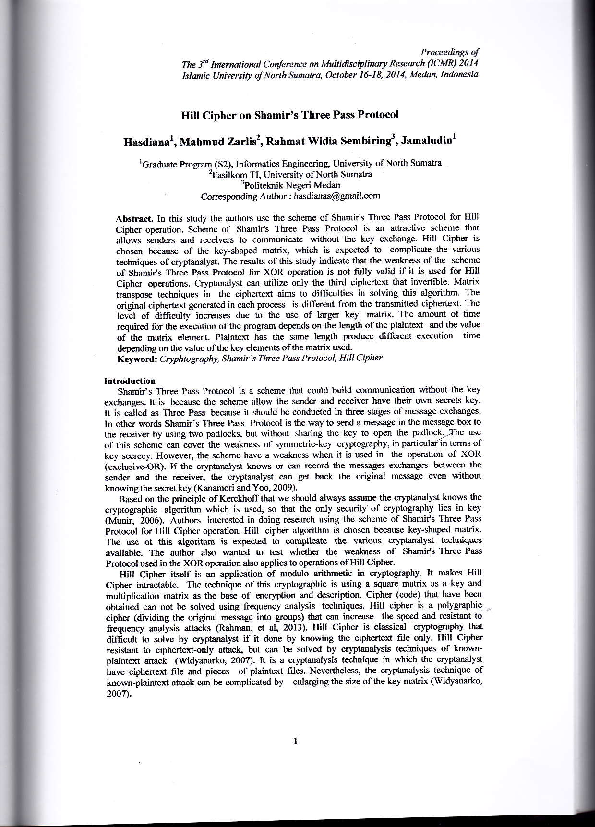 (PDF) Hill Cipher On Shamir's Three Pass Protocol.pdf