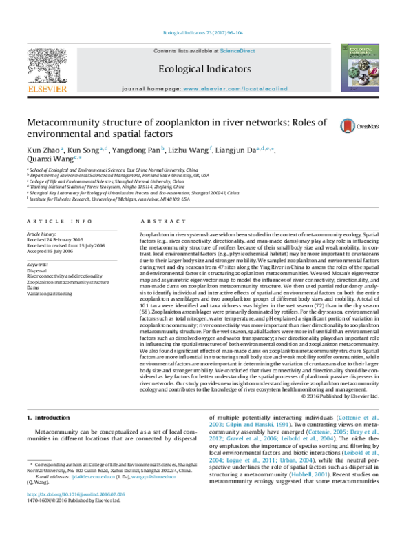 (PDF) Metacommunity structure of zooplankton in river networks: Roles of environmental and ...