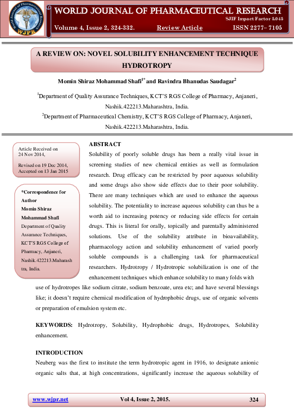 (PDF) A REVIEW ON: NOVEL SOLUBILITY ENHANCEMENT TECHNIQUE HYDROTROPY