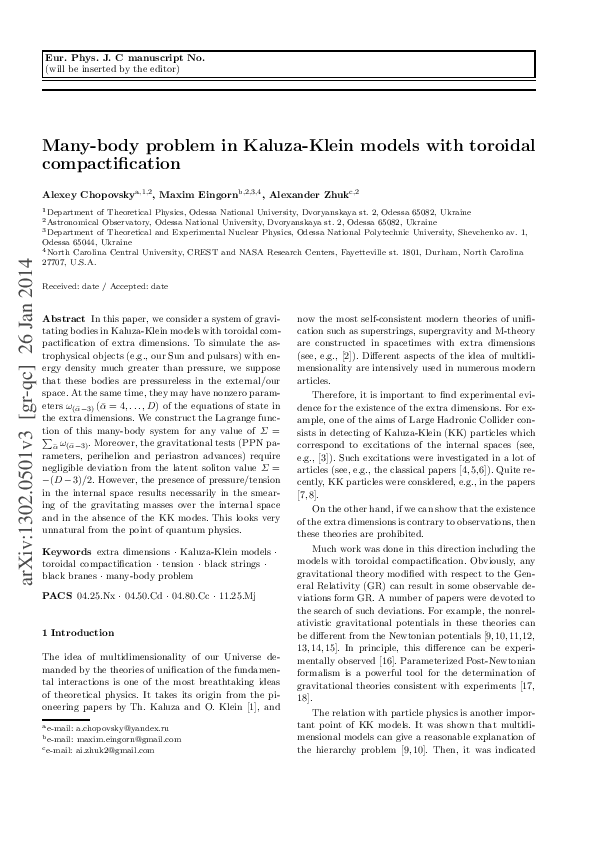 (PDF) Many-body problem in Kaluza-Klein models with toroidal ...