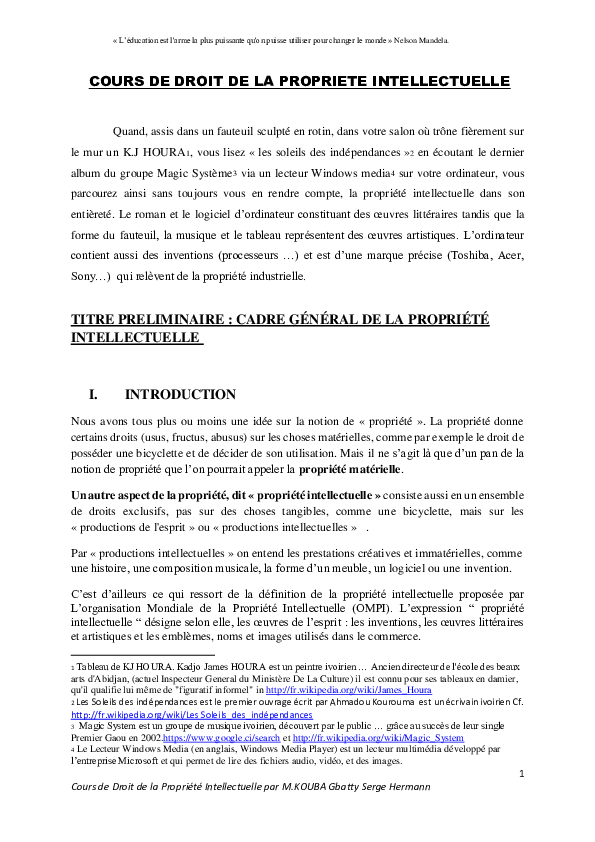 cours de droit de la propriété intellectuelle oapi