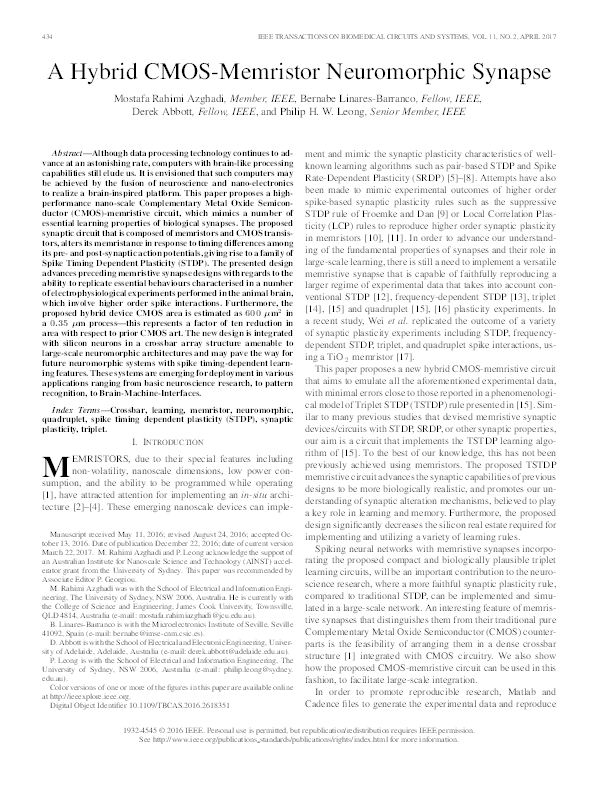 Pdf A Hybrid Cmos Memristor Neuromorphic Synapse