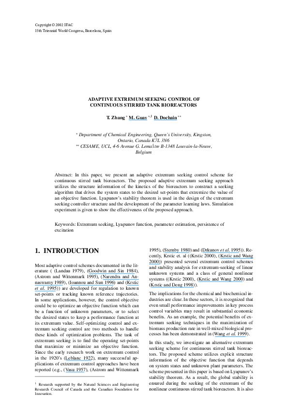 (PDF) Adaptive extremum seeking control of continuous stirred tank bioreactors with unknown ...