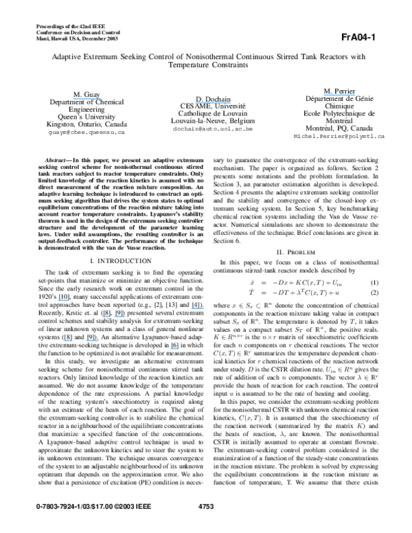 (PDF) Adaptive extremum seeking control of continuous stirred tank bioreactors with unknown ...
