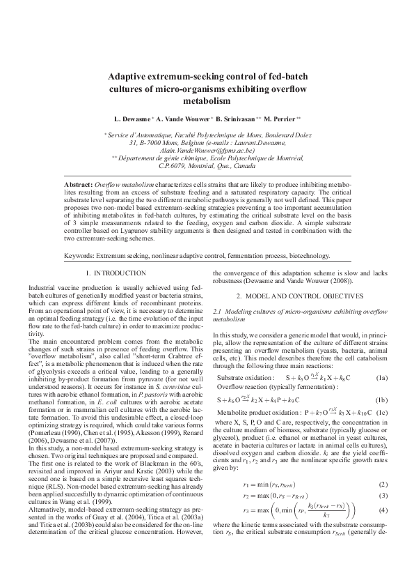 (PDF) Adaptive Extremum Seeking Control of Fedbatch Bioreactors : The Single Measurement Case ...
