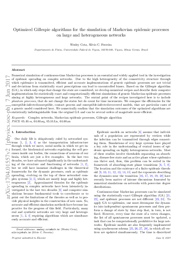 Pdf Optimized Gillespie Algorithms For The Simulation Of Markovian Epidemic Processes On Large