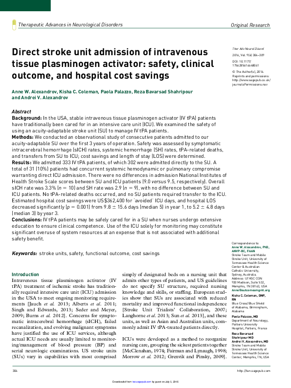 (PDF) Direct stroke unit admission of intravenous tissue plasminogen activator: safety, clinical ...