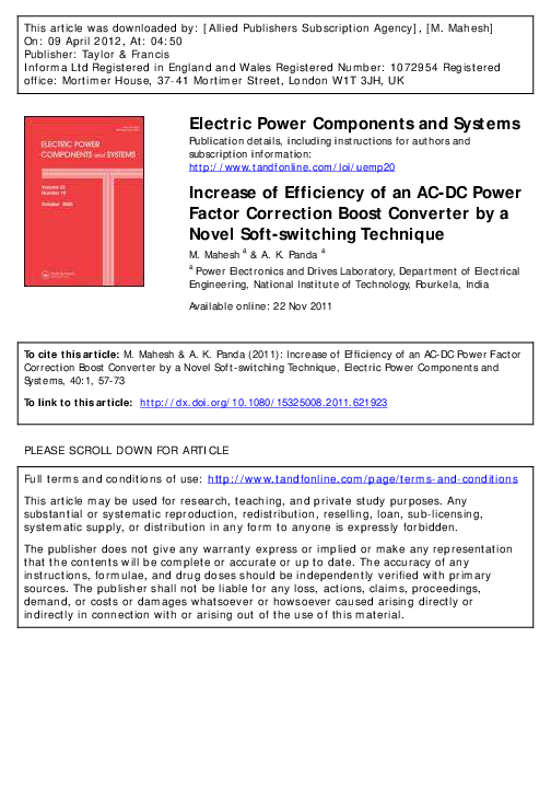 (PDF) Electric Power Components and Systems Increase of Efficiency of an AC-DC Power Factor ...