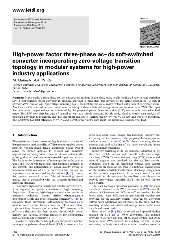 Pdf High Power Factor Three Phase Ac Dc Soft Switched Converter Incorporating Zero Voltage
