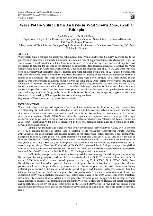 (PDF) Ware Potato Value Chain Analysis in West Showa Zone, Central Ethiopia
