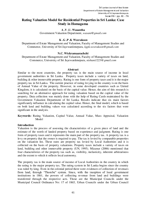 (PDF) Rating Valuation Model for Residential Properties in Sri Lanka ...