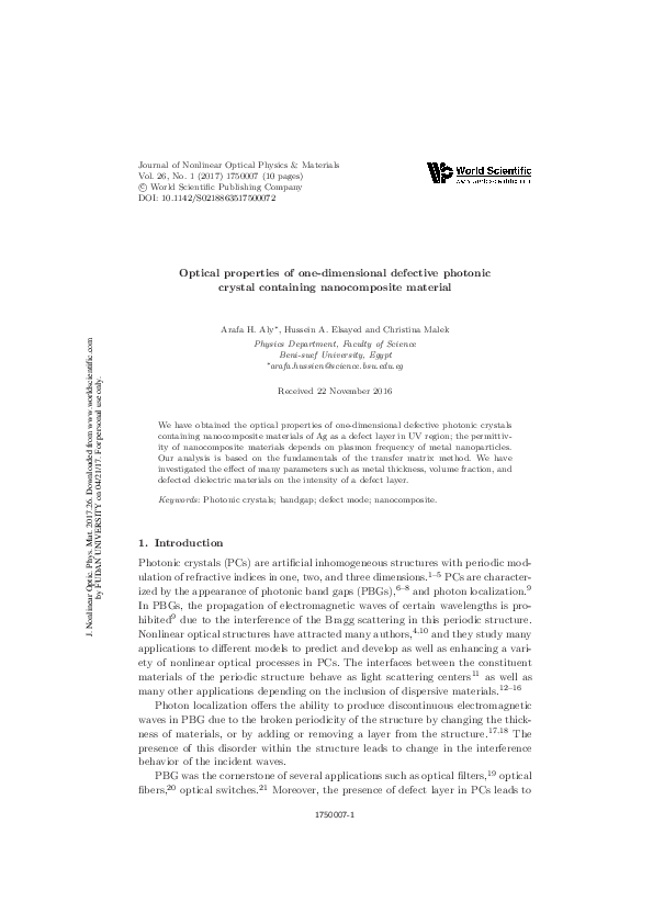 (PDF) Optical properties of one-dimensional defective photonic crystal containing nanocomposite ...
