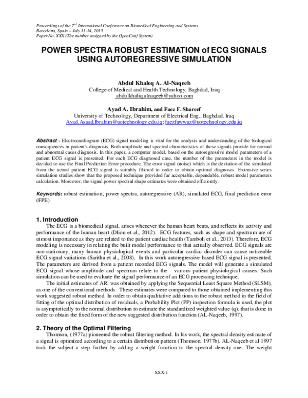 Pdf Power Spectra Robust Estimation Of Ecg Signals Using