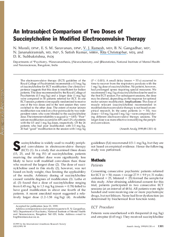 (PDF) An Intrasubject Comparison of Two Doses of Succinylcholine in Modified Electroconvulsive ...