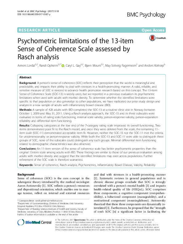 (PDF) Psychometric limitations of the 13-item Sense of Coherence Scale ...