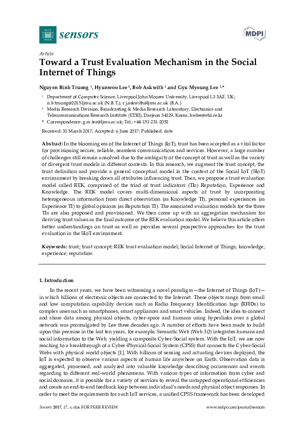 (PDF) Toward a Trust Evaluation Mechanism in the Social Internet of Things