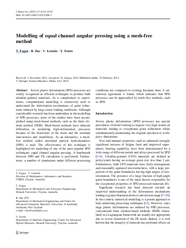 (PDF) Modelling of equal channel angular pressing using a mesh-free method