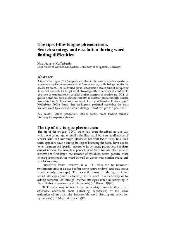 The tip-of-the-tongue phenomenon. Search strategy and resolution during ...