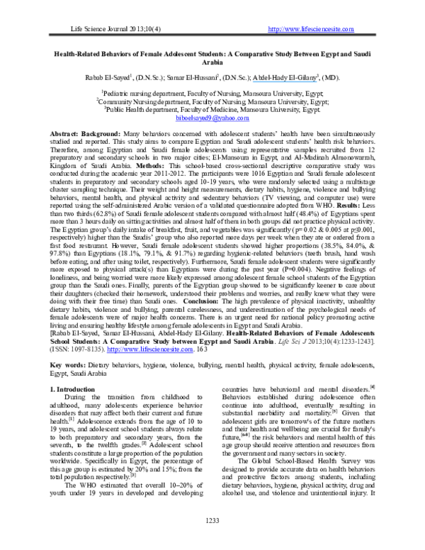 (PDF) Health-related behavior of female adolescent students: A comparative study between Egypt ...