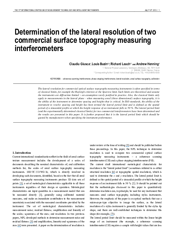 (PDF) Detemination of the lateral resolution of two surface topography ...