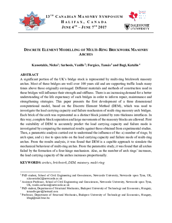 Pdf Discrete Element Modelling Of Multi Ring Brickwork Masonry Arches Dr Vasilis Sarhosis