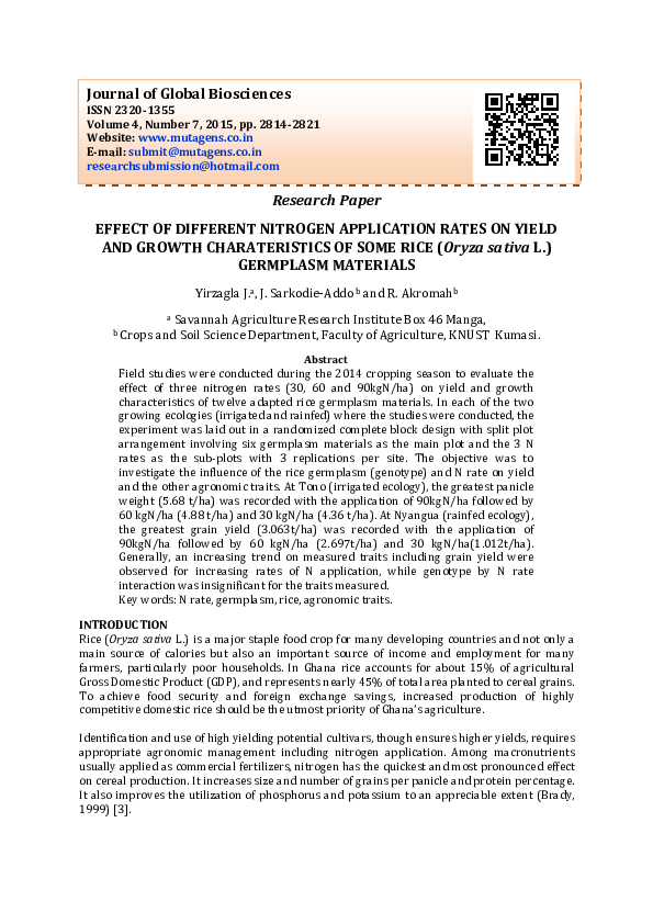 Pdf Effect Of Different Nitrogen Application Rates On Yield And Growth Charateristics Of Some