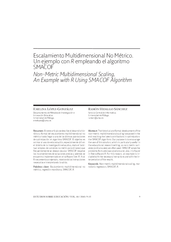 Pdf Escalamiento Multidimensional No Métrico Un Ejemplo Con R Empleando El Algoritmo Smacof