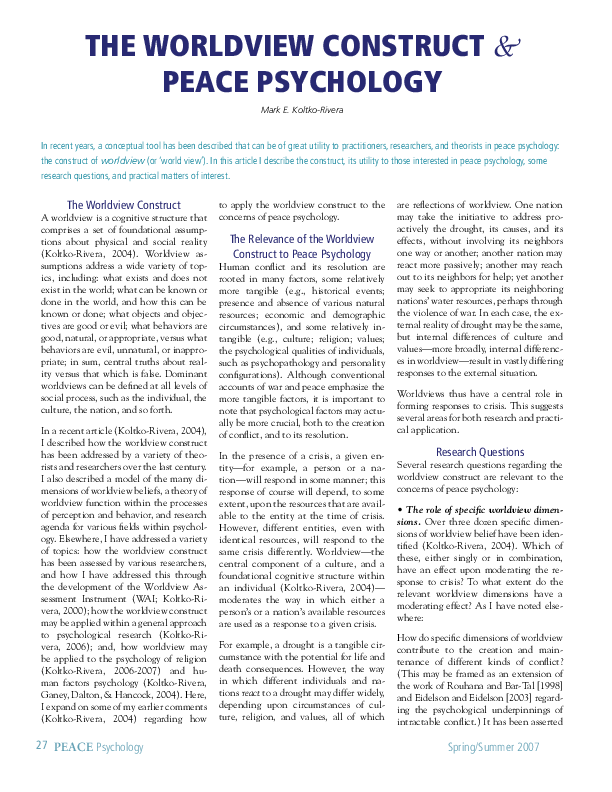 (PDF) The worldview construct and peace psychology