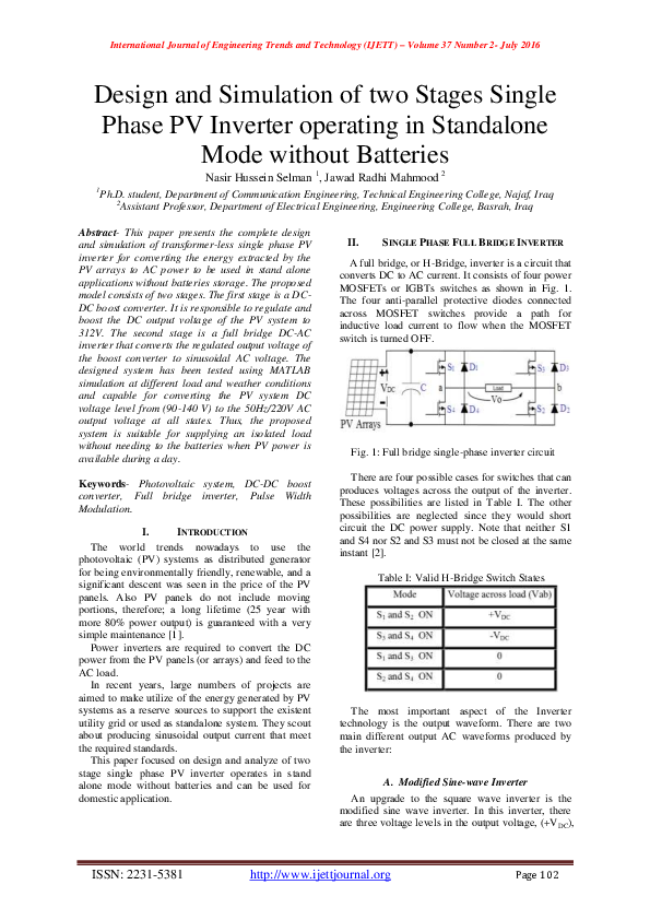 Pdf Design And Simulation Of Two Stages Single Phase Pv Inverter