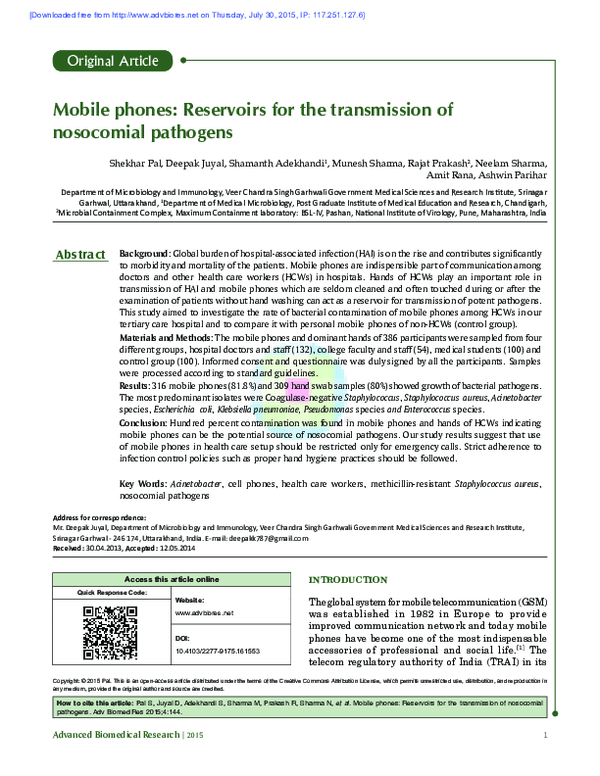 (PDF) Mobile phones: Reservoirs for the transmission of nosocomial ...