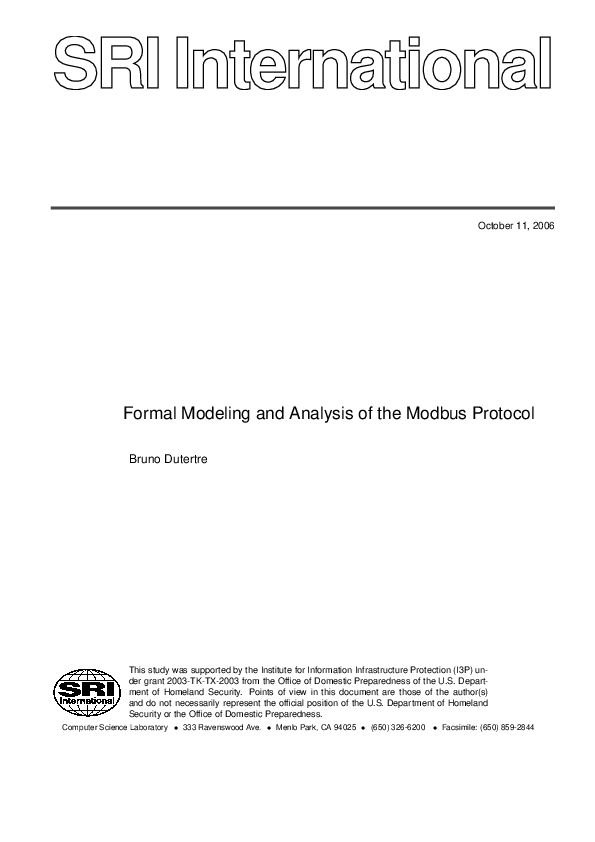 Pdf Formal Modeling And Analysis Of The Modbus Protocol