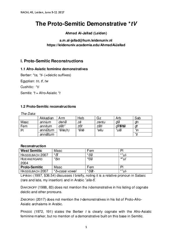 (PDF) HANDOUT: The Proto-Semitic Demonstrative *tV