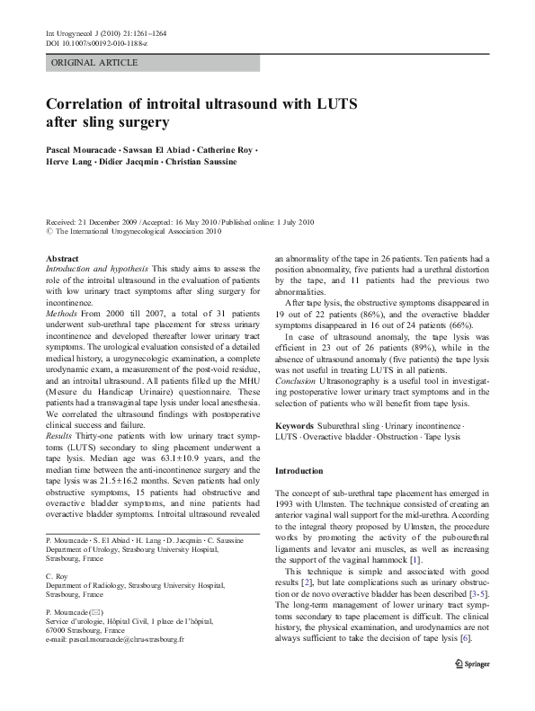 (PDF) Correlation of introital ultrasound with LUTS after sling surgery