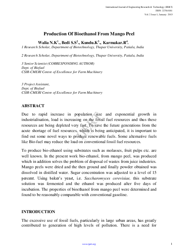(PDF) Production Of Bioethanol From Mango Peel