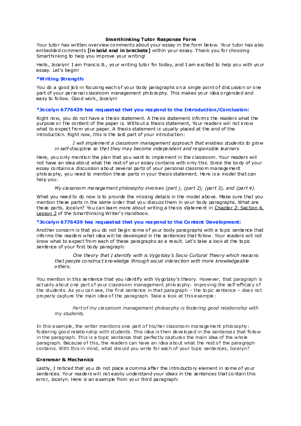 (DOC) Smarthinking Tutor Response Form
