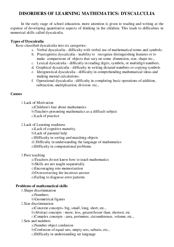 (DOC) DISORDERS OF LEARNING MATHEMATICS: DYSCALCULIA