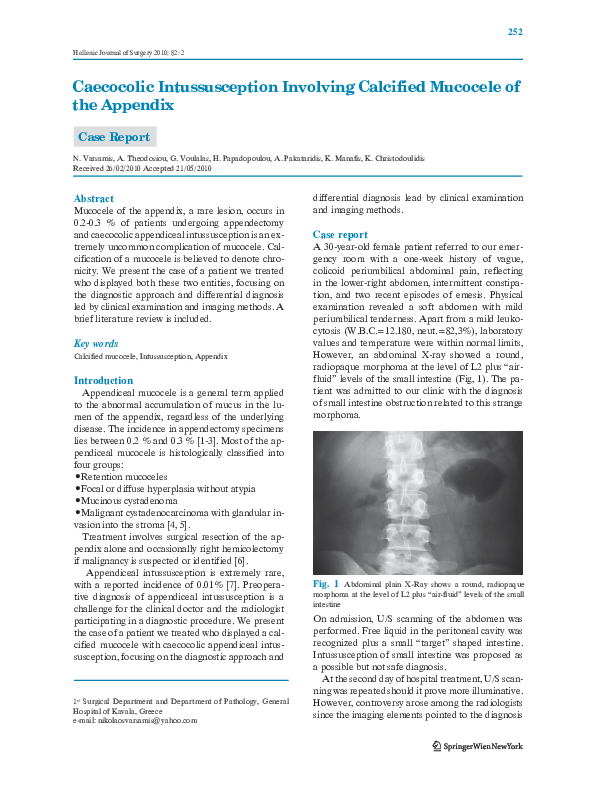 (PDF) Caecocolic intussusception involving calcified mucocele of the ...