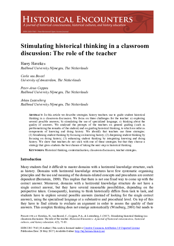 (PDF) Stimulating historical thinking in a classroom discussion: The ...