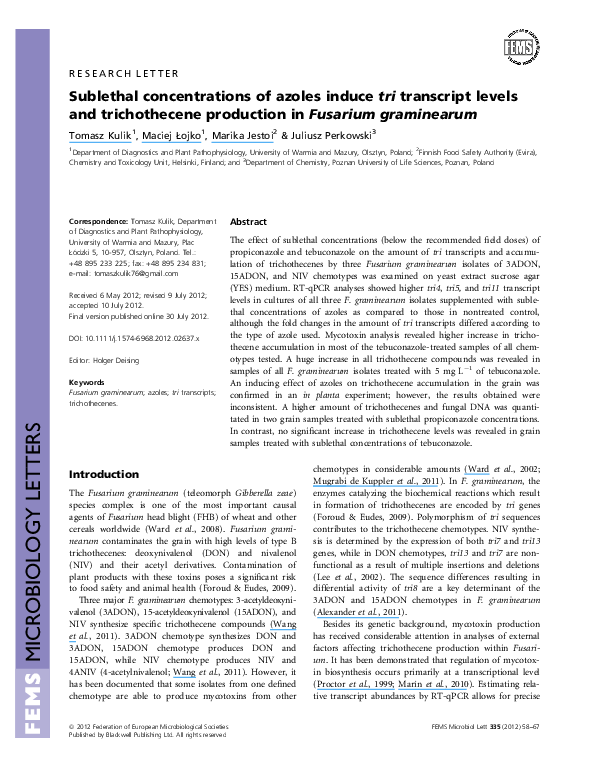 Pdf Sublethal Concentrations Of Azoles Induce Tri Transcript Levels
