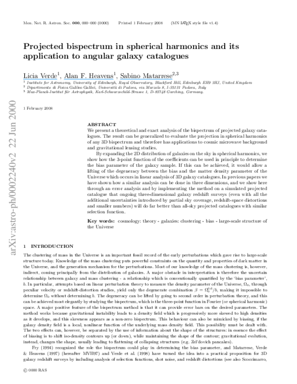 (PDF) Projected bispectrum in spherical harmonics and its application to angular galaxy ...