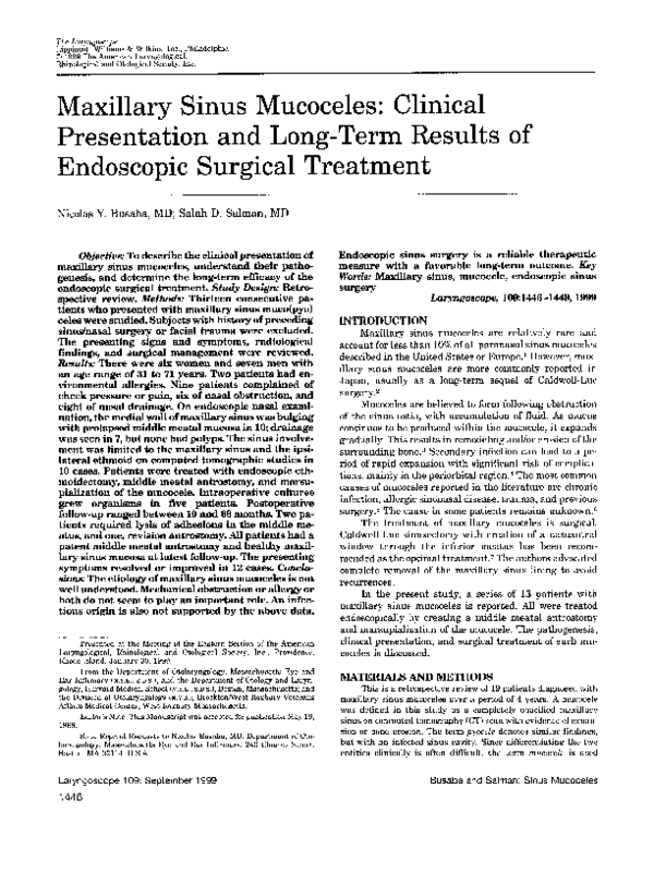 (PDF) Maxillary Sinus Mucoceles: Clinical Presentation and Long-Term ...