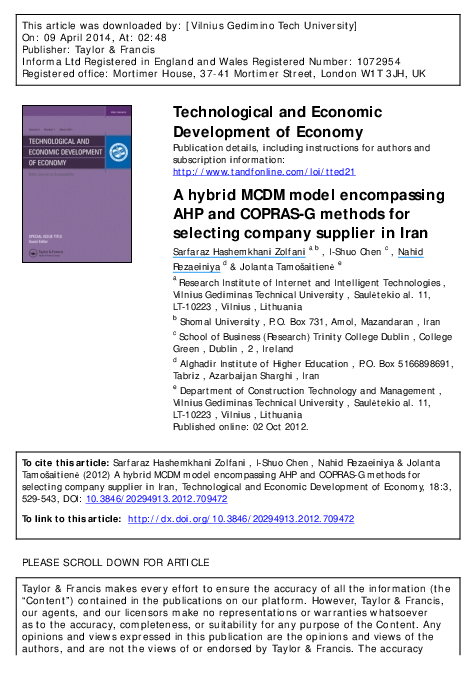 (PDF) A hybrid MCDM model encompassing AHP and COPRAS-G methods for ... (PDF) A hybrid MCDM model encompassing AHP and COPRAS-G methods for ...