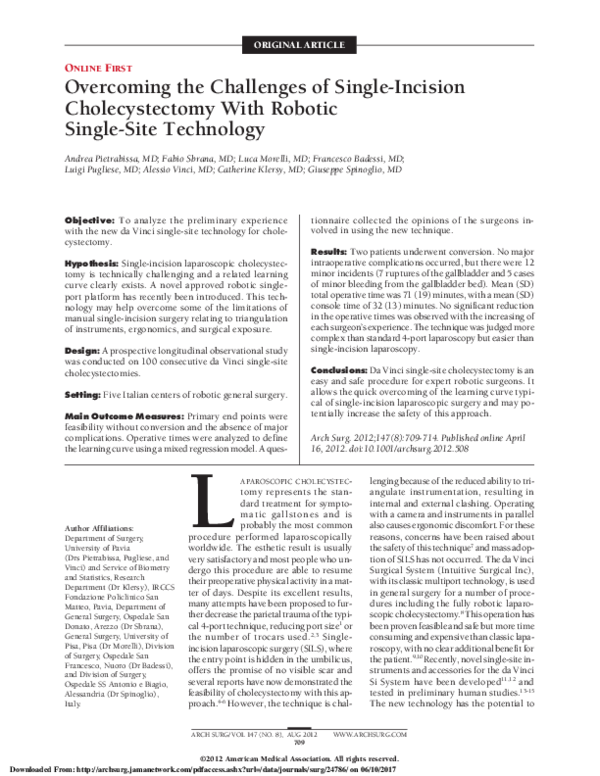 (PDF) Overcoming the Challenges of Single-Incision Cholecystectomy With Robotic Single-Site ...